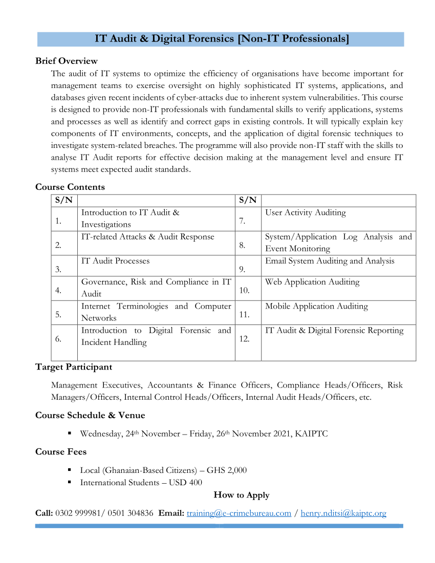 20211103 E-CRIME Course Brief – IT Audit for Non-IT Professionals – KAIPTC